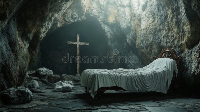 Peaceful Cave Setting with a Cross Illuminated by Sunlight during the ...