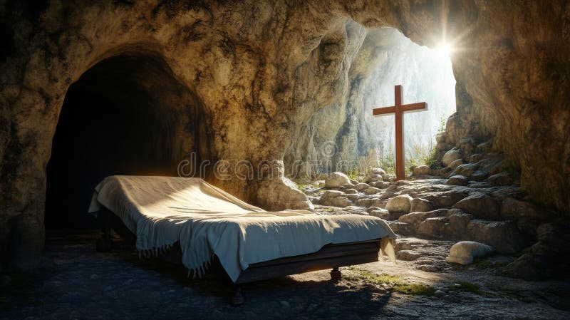 Peaceful Cave Setting with a Cross Illuminated by Sunlight during the ...