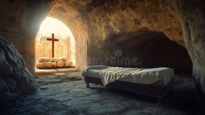 Peaceful Cave Setting with a Cross Illuminated by Sunlight during the ...