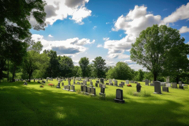 Peaceful Cemetery, with a Clear Blue Sky and Fluffy Clouds Stock Image ...
