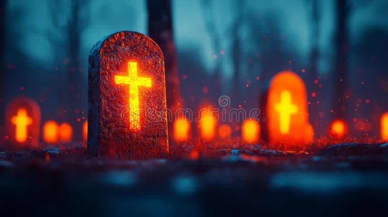 Peaceful Cemetery Scene with Cross Surrounded by Greenery and Soft ...