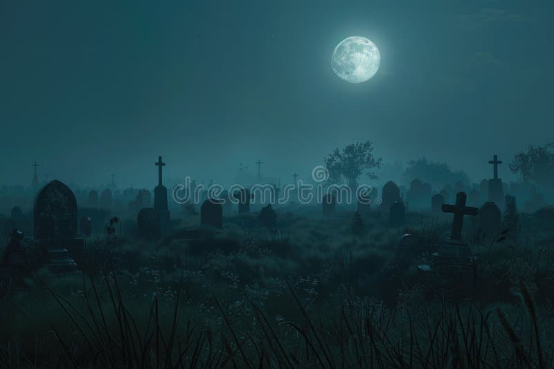A Peaceful Cemetery Scene with a Full Moon Shining Down Stock Photo ...