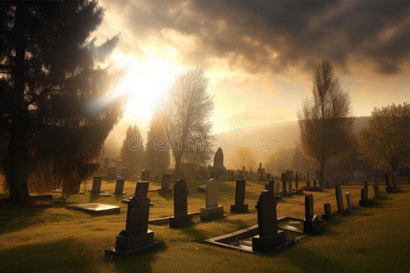 Peaceful Cemetery, with the Warm Glow of the Sun Filtering through ...