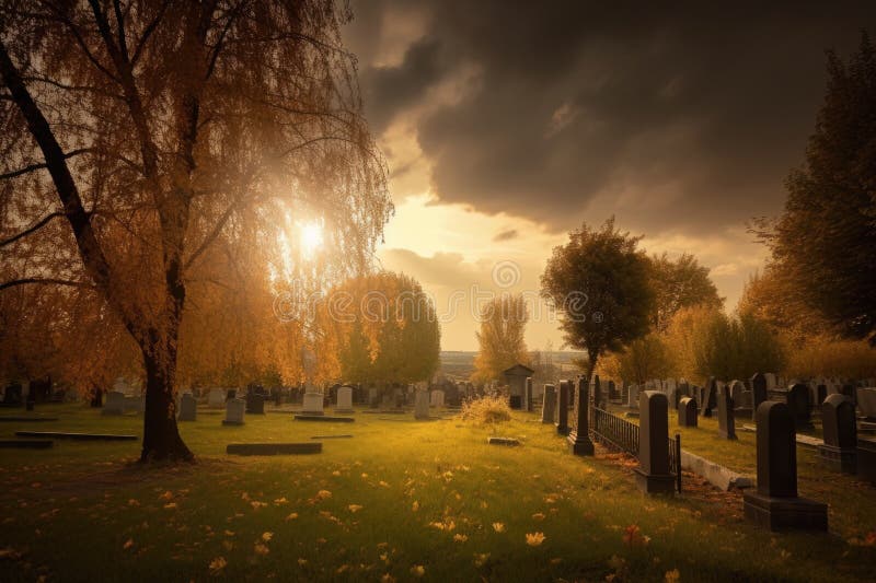 Peaceful Cemetery, with the Warm Glow of the Sun Filtering through ...