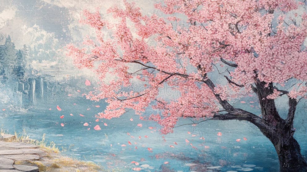 Peaceful Cherry Blossom Tree by a Calm Lake Stock Illustration ...