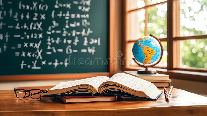 Open Book, Globe, and Books on a Classroom Desk Ideal for Educational ...
