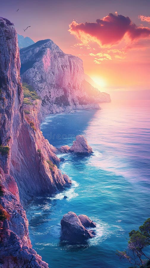 Peaceful Coastal View with Rocky Cliffs at Sunrise. Stock Photo - Image ...
