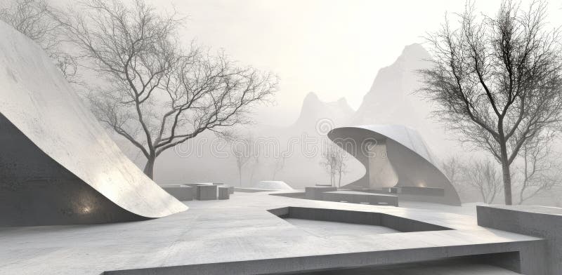 A Peaceful Concrete Scene with Minimal Elements, Featuring Abstract ...