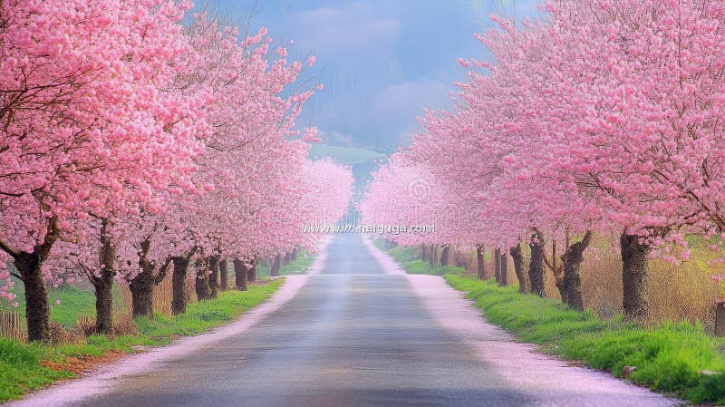 A Peaceful Country Road Lined with Blooming Spring Trees. Picture Stock ...