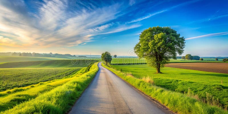 Peaceful Country Road Surrounded by Green Fields Under a Clear Blue Sky ...