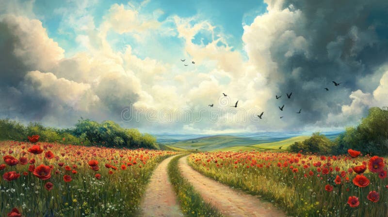A Peaceful Countryside Path Winds through a Vibrant Field of Red Poppies Beneath a Dramatic Sky ...