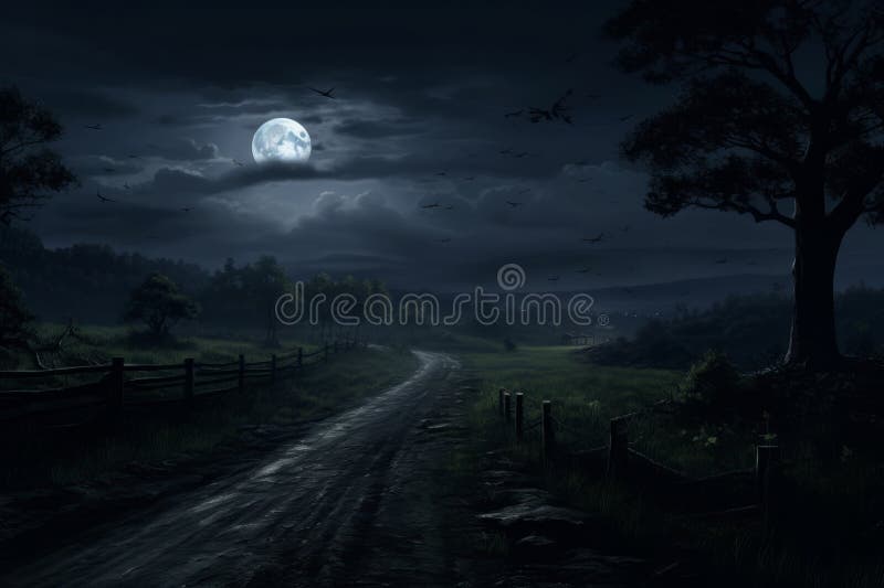 A Peaceful Countryside Road on a Quiet Dark Night Stock Illustration ...