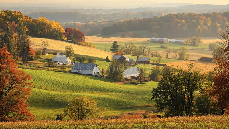 Peaceful Countryside with Rolling Hills and Scattered Farms. Stock ...