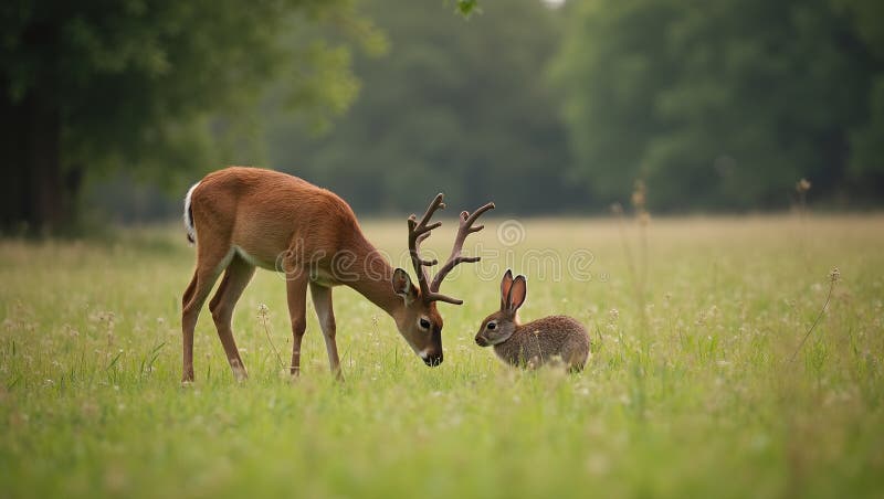 Peaceful Deer and Rabbit in Harmonious Meadow Scene Stock Illustration ...