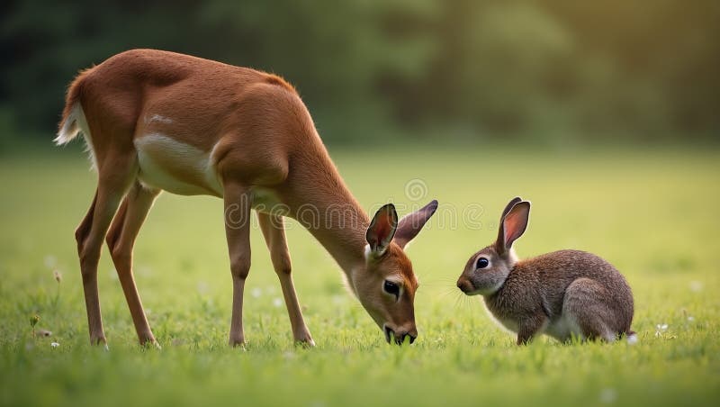 Peaceful Deer and Rabbit in Harmonious Meadow Scene Stock Illustration ...