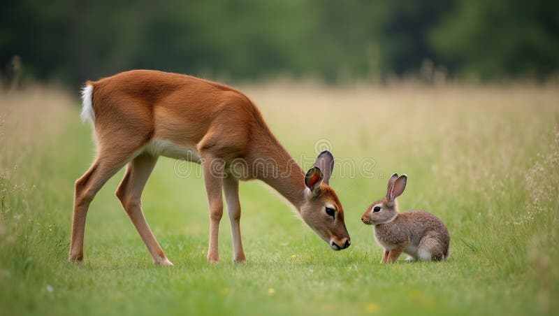 Peaceful Deer and Rabbit in Harmonious Meadow Scene Stock Illustration ...