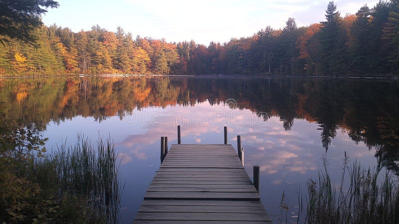 A Peaceful Dock Extending Over a Calm Lake with Rippling Reflections ...