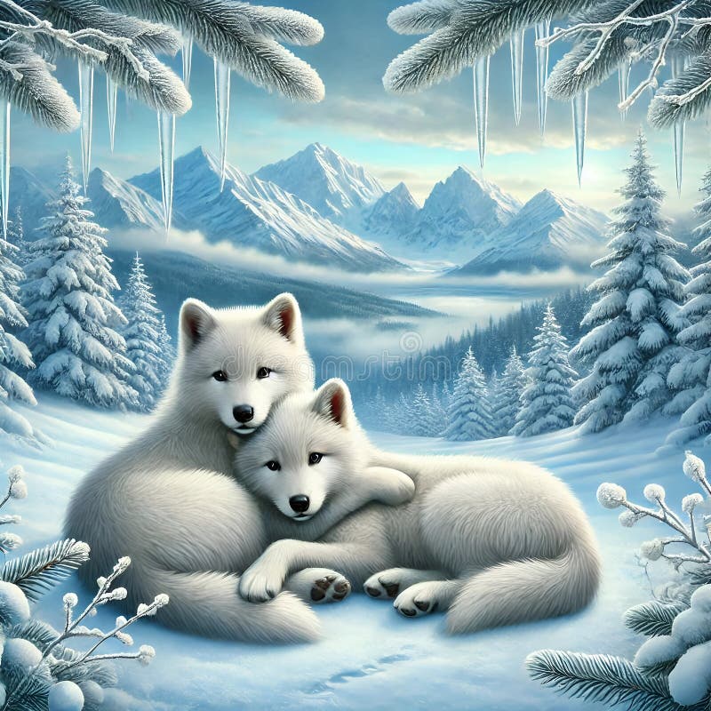A Peaceful Duo of Wolves Nestled Together in an Icy, Mountainous ...