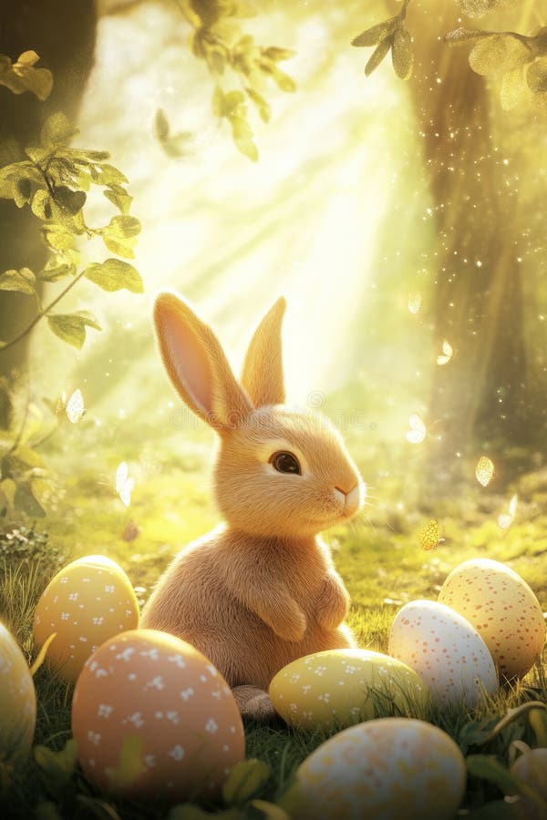 A Peaceful Easter Bunny in a Forest Clearing, Surrounded by Large ...