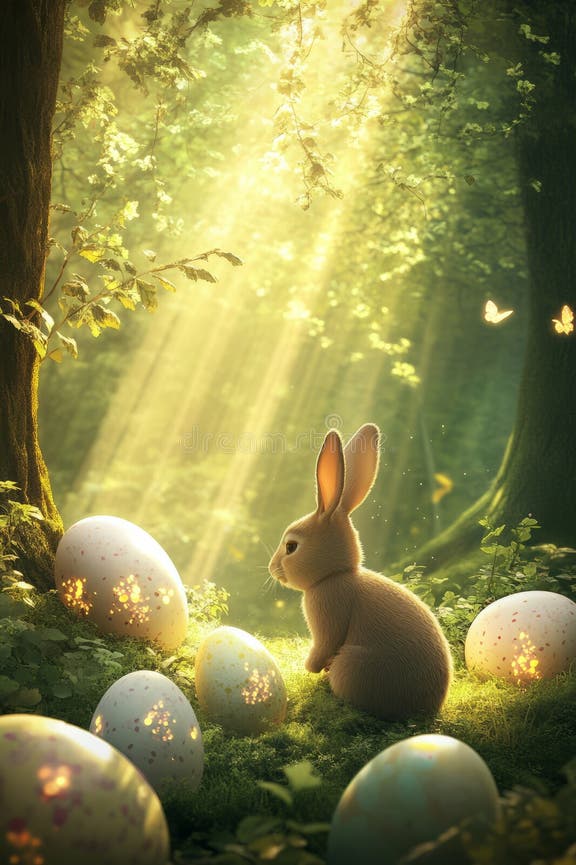 A Peaceful Easter Bunny in a Forest Clearing, Surrounded by Large ...