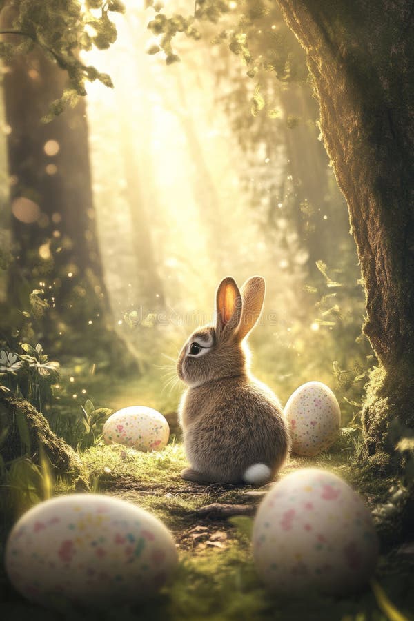 A Peaceful Easter Bunny in a Forest Clearing, Surrounded by Large ...