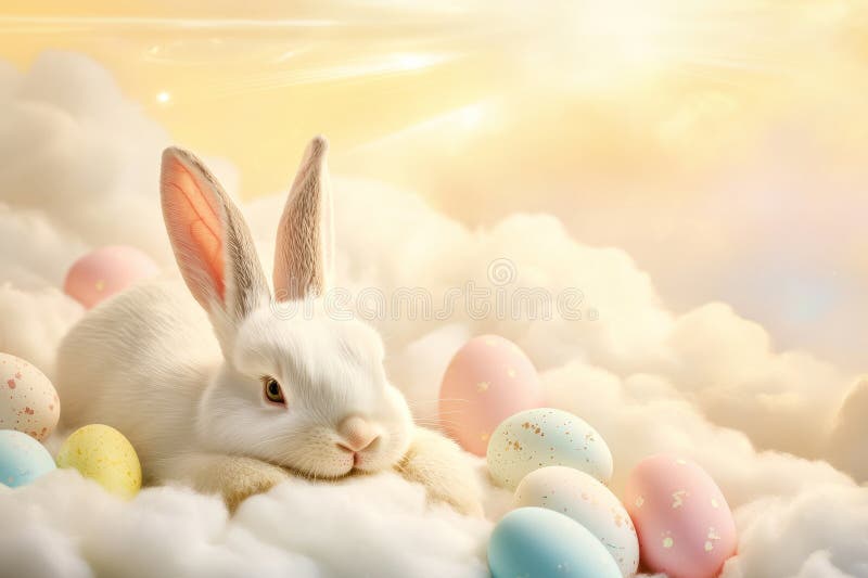 A Peaceful Easter Bunny Lying on a Cloud, with Pastel-colored Easter ...