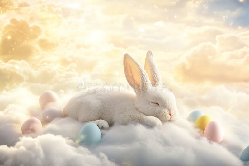 Peaceful Easter Bunny Lying Cloud Pastel Colored Eggs Floating Stock ...