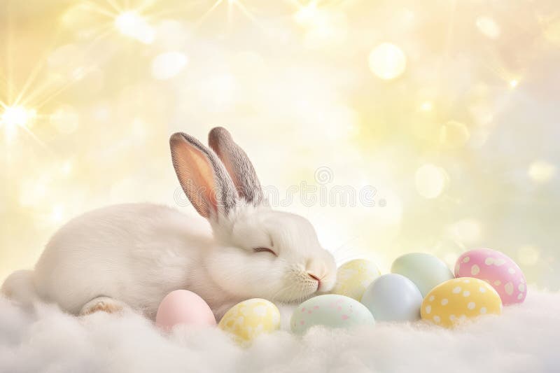 A Peaceful Easter Bunny Lying on a Cloud, with Pastel-colored Easter ...