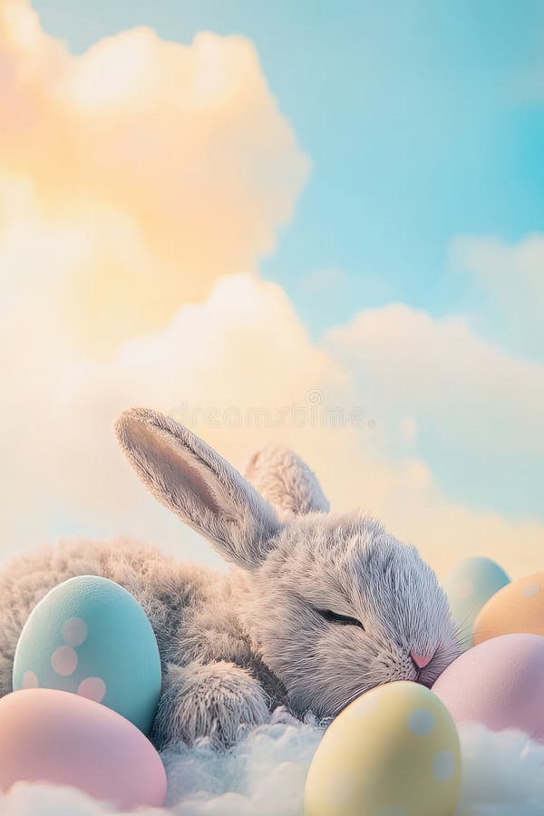 A Peaceful Easter Bunny Lying on Its Back, Surrounded by Glowing Easter ...