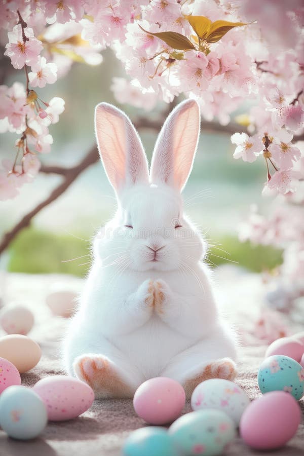 A Peaceful Easter Bunny Meditating Under a Blooming Cherry Blossom Tree ...