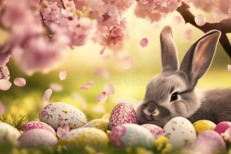 Peaceful Easter Bunny Resting Under Cherry Blossom Tree Surrounded ...