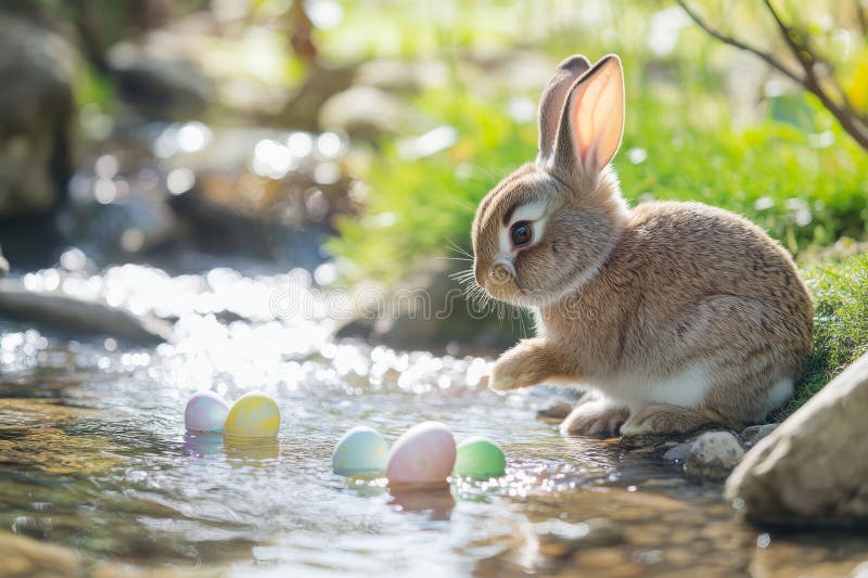 A Peaceful Easter Bunny Sitting by a Bubbling Brook, Dipping Its Paw ...