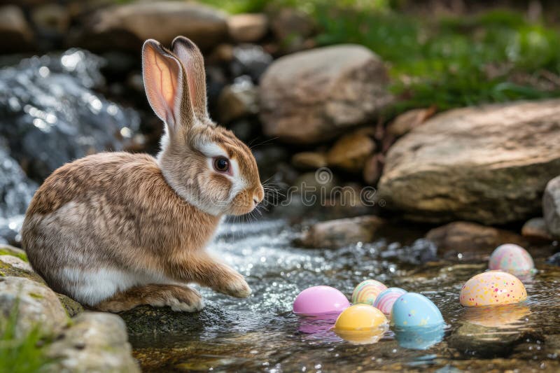 A Peaceful Easter Bunny Sitting by a Bubbling Brook, Dipping Its Paw ...