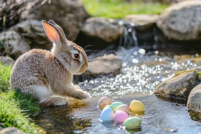 A Peaceful Easter Bunny Sitting by a Bubbling Brook, Dipping Its Paw ...