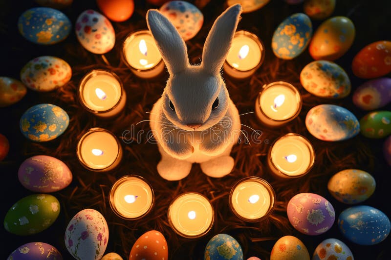 A Peaceful Easter Bunny Sitting in a Circle of Glowing Candles, with ...