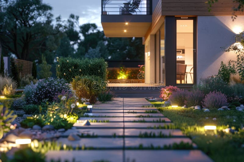 Garden Path at Night stock image. Image of nighttime - 384018703