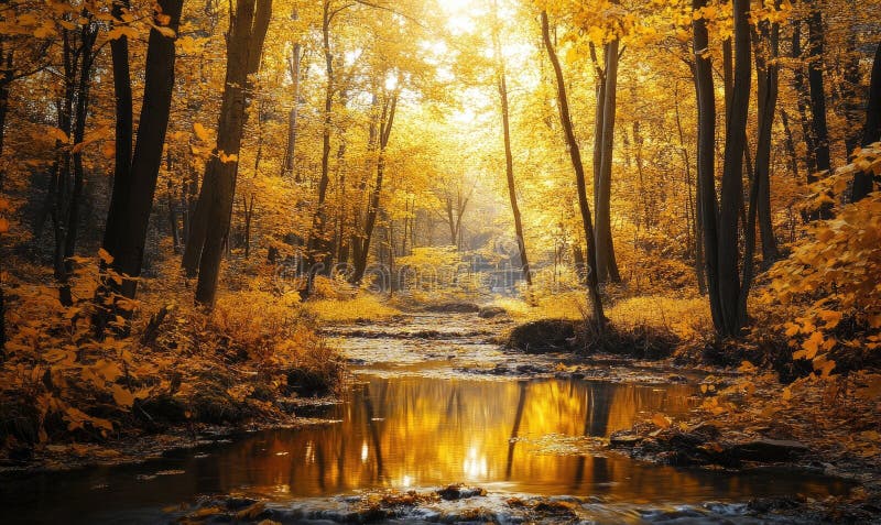 Peaceful Fall Landscape, Dense Forest, Golden Leaves, Tranquil Stream ...