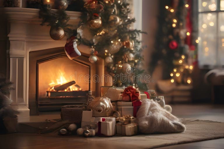 A Peaceful Fireplace with Holiday Decorations and a Stack of Presents ...