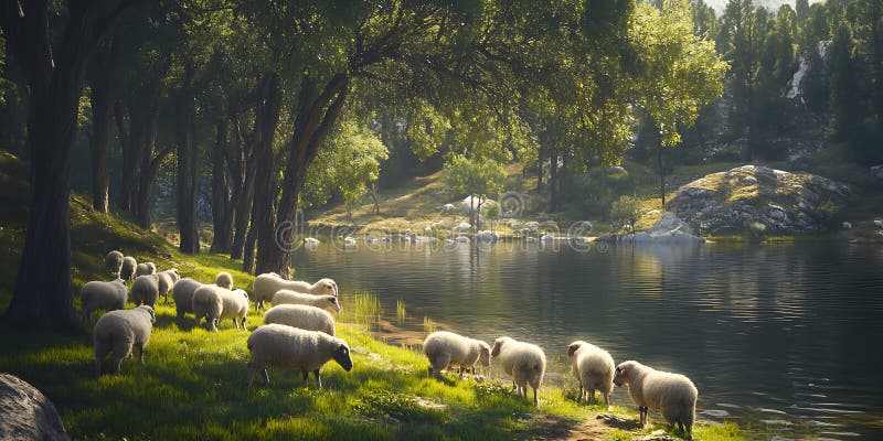 Peaceful Flock Sheep Grazing by Sunlit River in Wooded Area Stock ...
