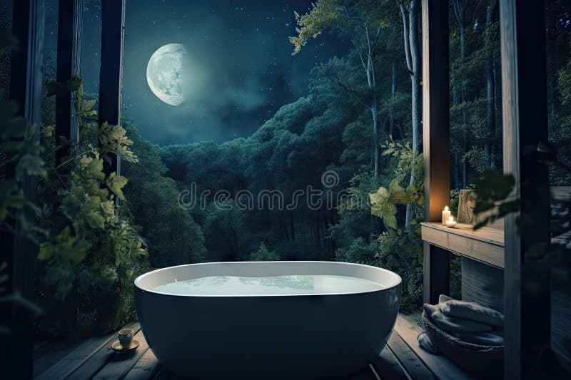 Peaceful Forest Bath with View of the Moon and Stars Stock Illustration ...