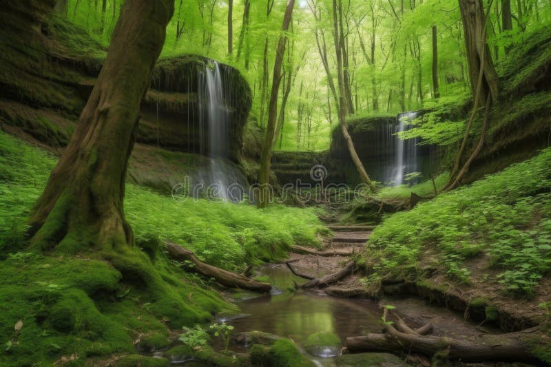 Peaceful Forest with Cascading Spring Waterfalls and Towering Trees ...