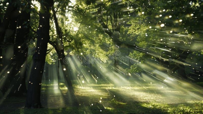 A Peaceful Forest Clearing with Beams of Sunlight Filtering through the ...