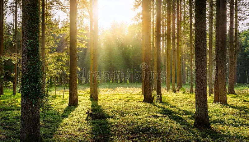 Peaceful Forest Clearing with Sunlight Streaming through Tall Trees ...