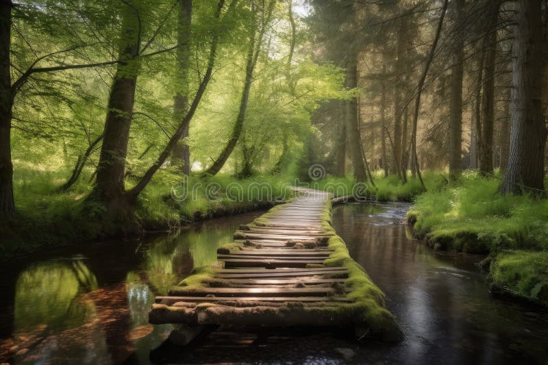 Peaceful Forest with Duckboards Path and Stream Stock Illustration ...