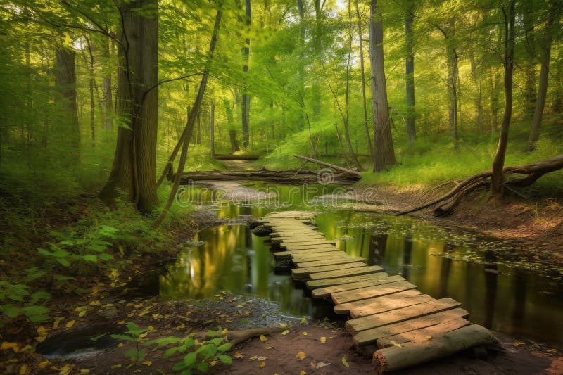 Peaceful Forest with Duckboards Path and Stream Stock Photo - Image of ...