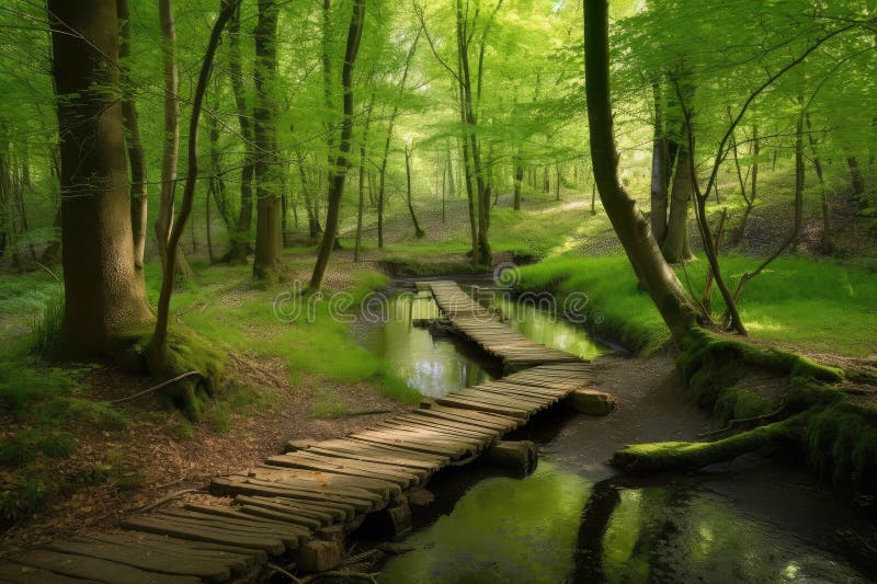 Peaceful Forest with Duckboards Path and Stream Stock Illustration ...