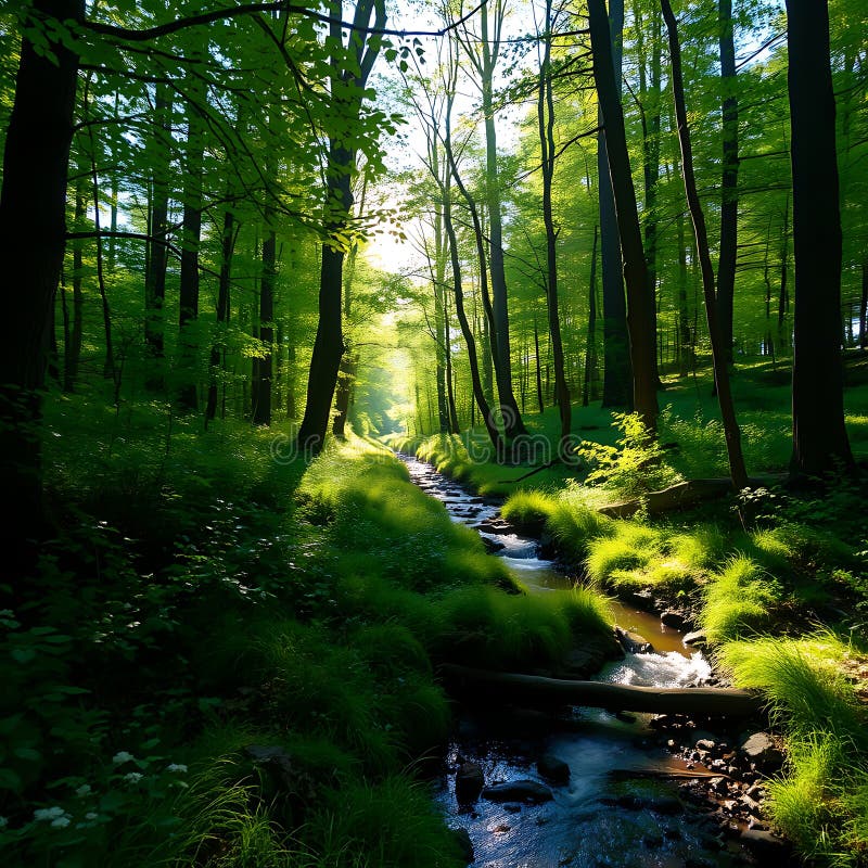 A Peaceful Forest Glade with a Small Stream Running through, Reflecting ...