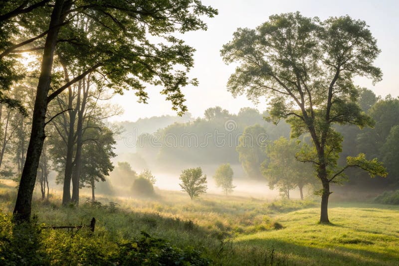 Misty forest with sunbeams stock illustration. Illustration of ...