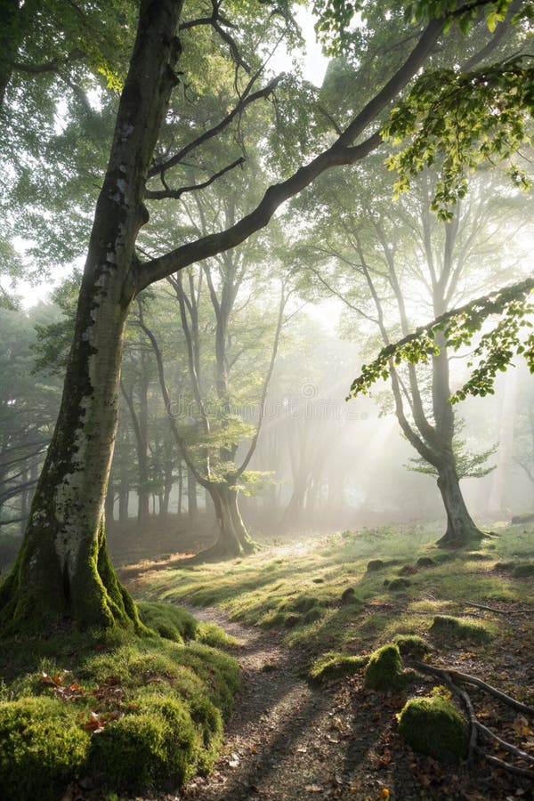 Misty forest with sunbeams stock illustration. Illustration of ...