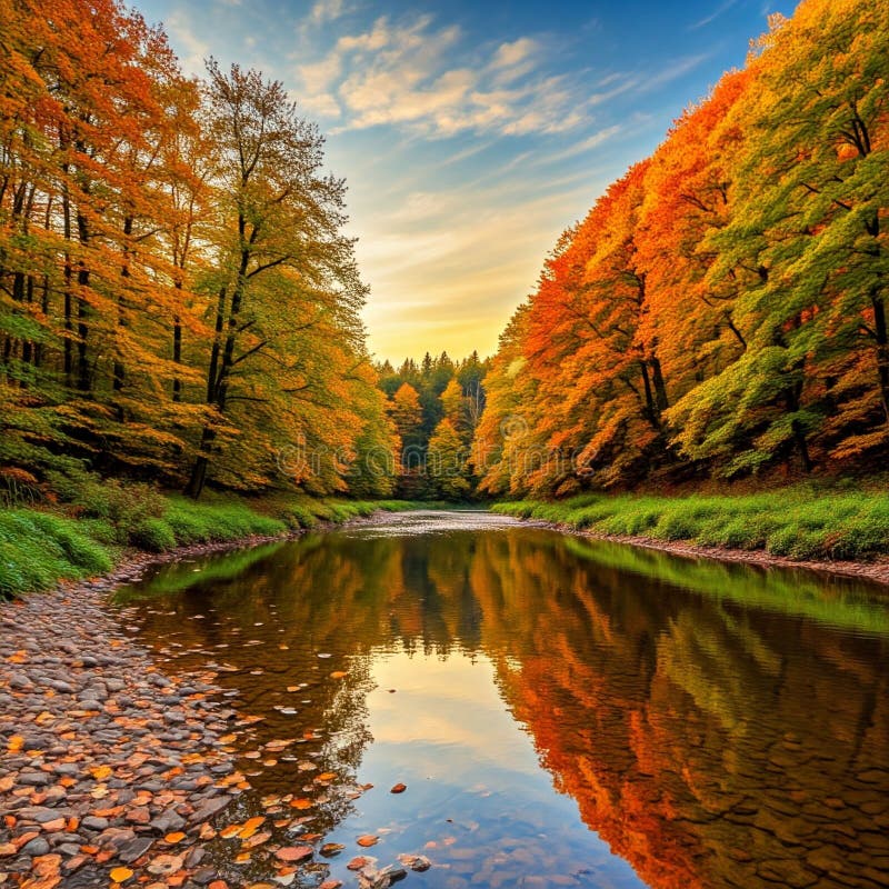 Peaceful Forest Lake in Autumn Sunset. Ai Generated Stock Photo - Image ...